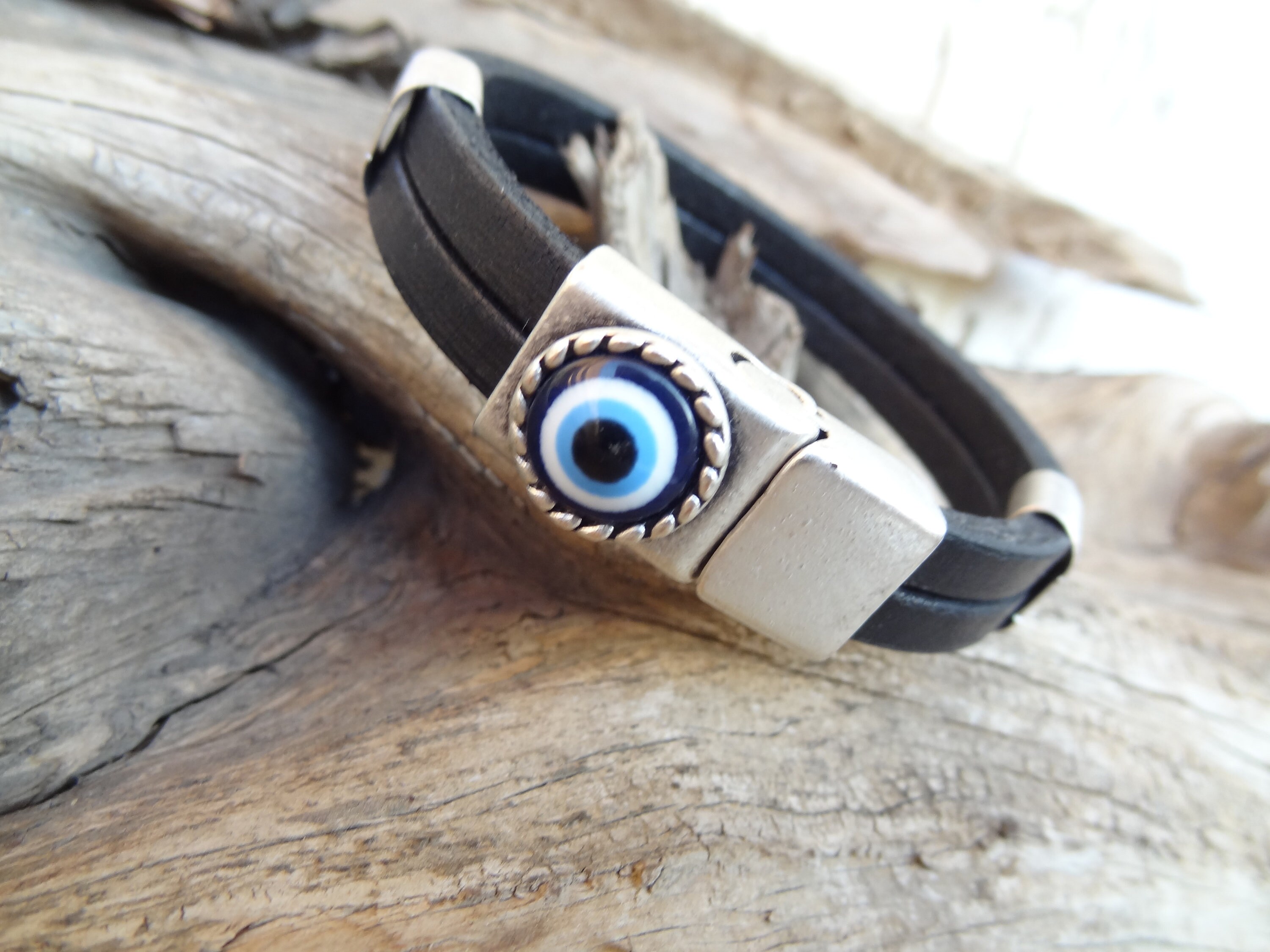 Men's Evil Eye Bracelet, Black Thick Leather and Magnetic Clasp ...