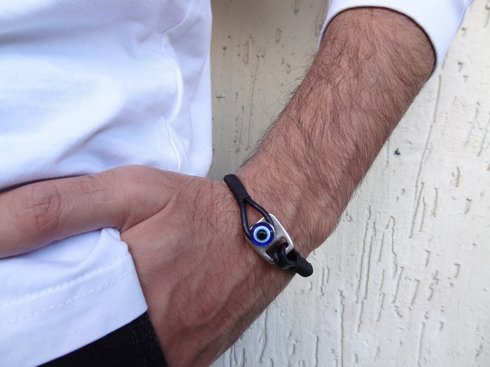 Men's Evil Eye Bracelet, Black Leather and Silver Hook Clasp ...