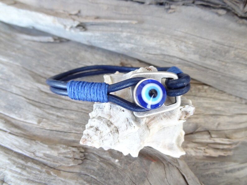 Men's Evil Eye Bracelet, Navy Blue Leather and Silver Hook Clasp, Men's ...