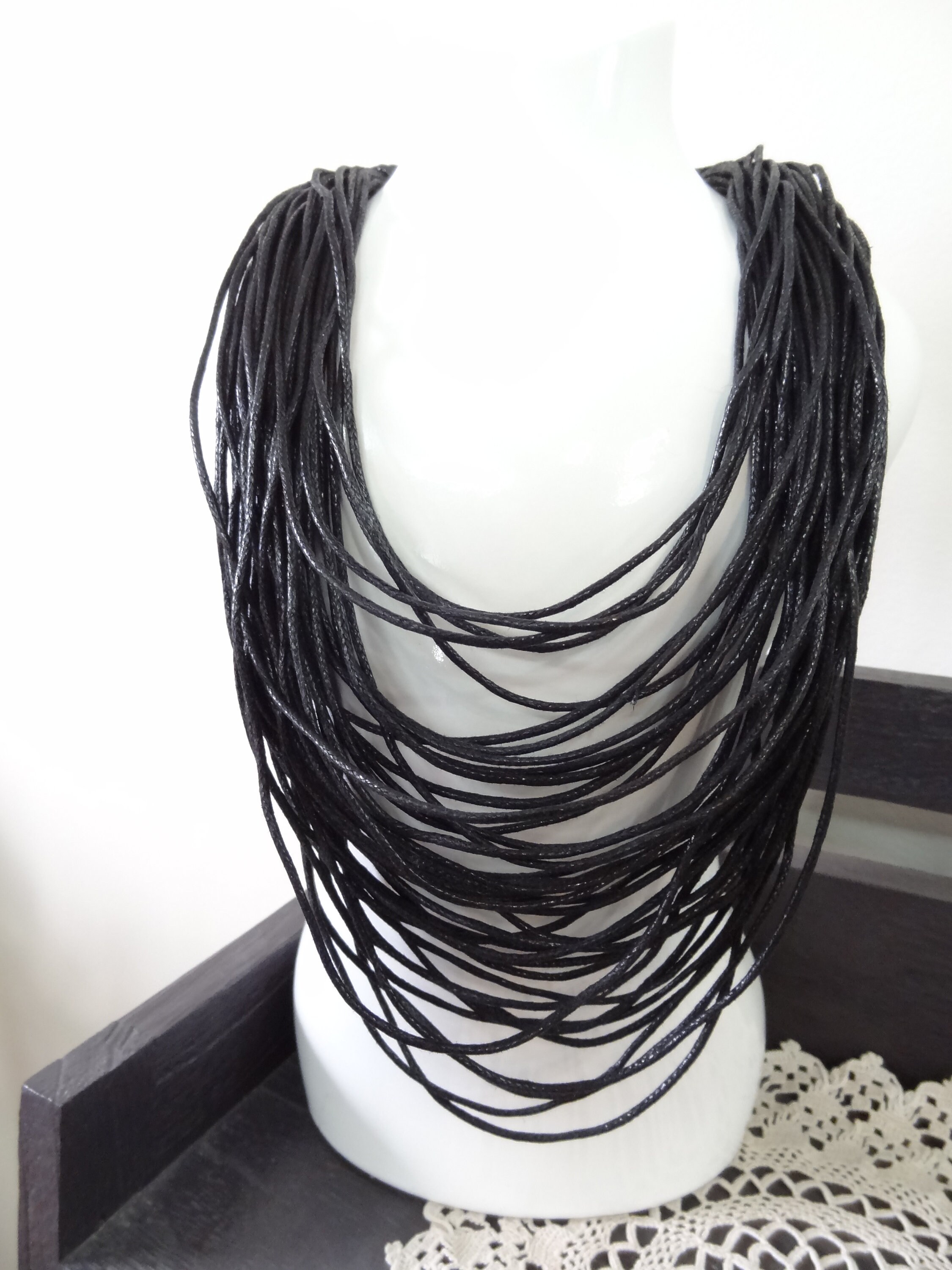Multi Strand Necklace, Statement Jewelry, Black Leather Look Rope, Cord ...