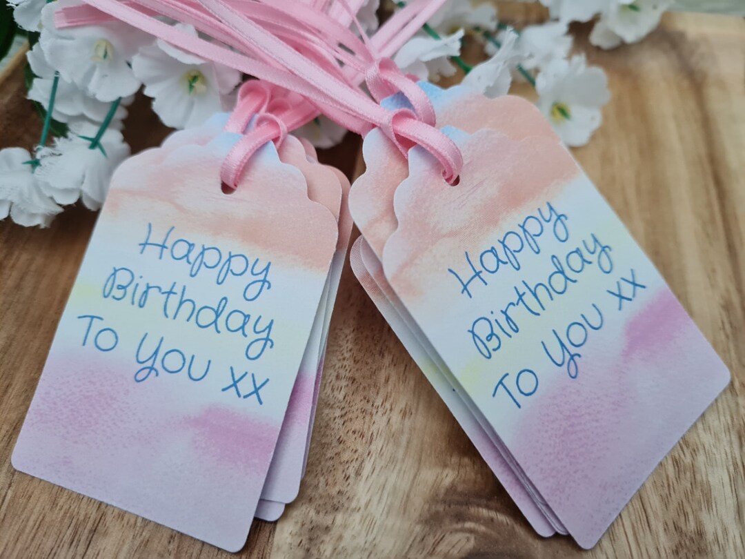 Watercolor Pastel Birthday Gift Tags With Pink Ribbon (set of 10) - Etsy