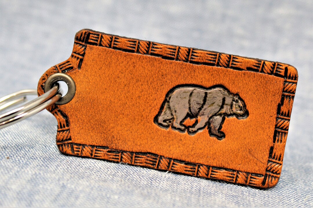 Hand Stamped Leather Grizzly Bear Keychain: Men's Gift - Etsy