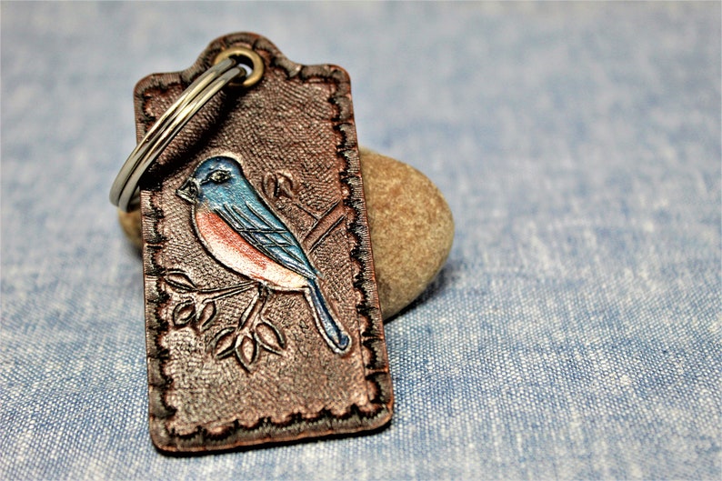 Hand-tooled Eastern Bluebird Leather Keychain: Made in America - Etsy