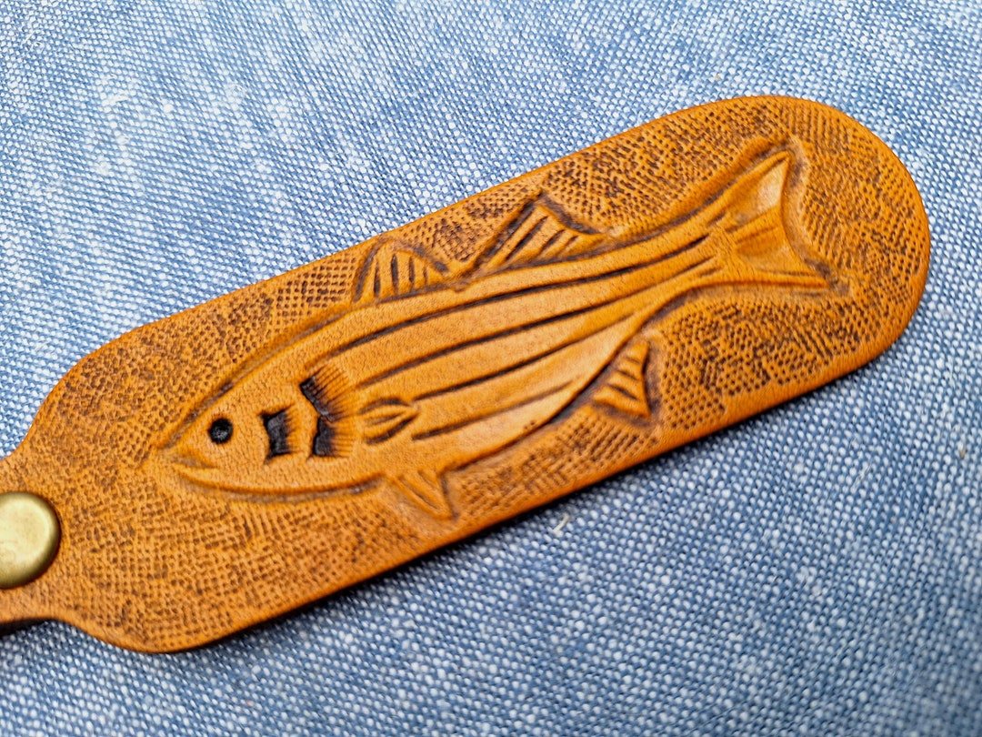 Hand-carved Striped Bass Leather Key Fob: Fishing Gift - Etsy