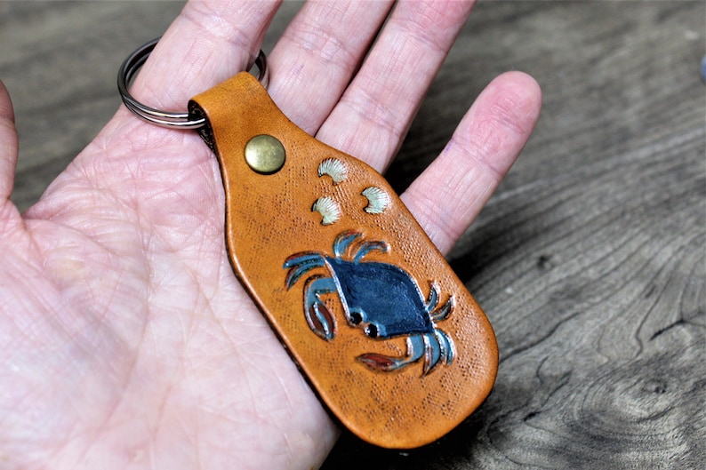 Blue Crab Leather Keychain: Hand-carved Leather Key Fob - Etsy