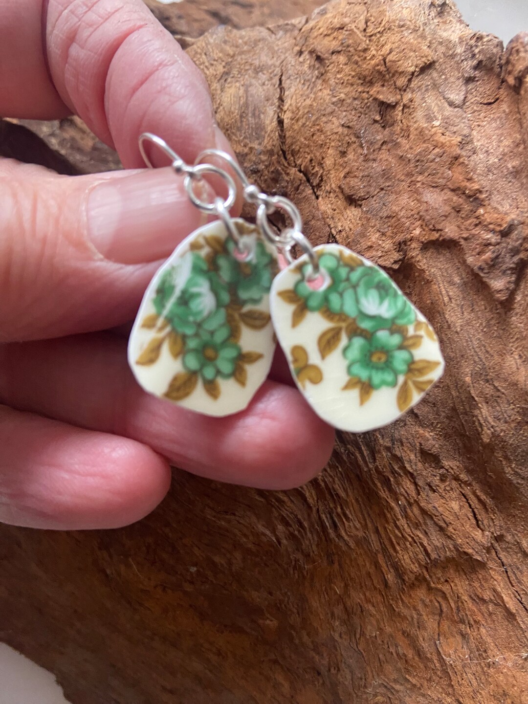 Cute Vintage Recycled Green Floral China Floral Dangle - Etsy