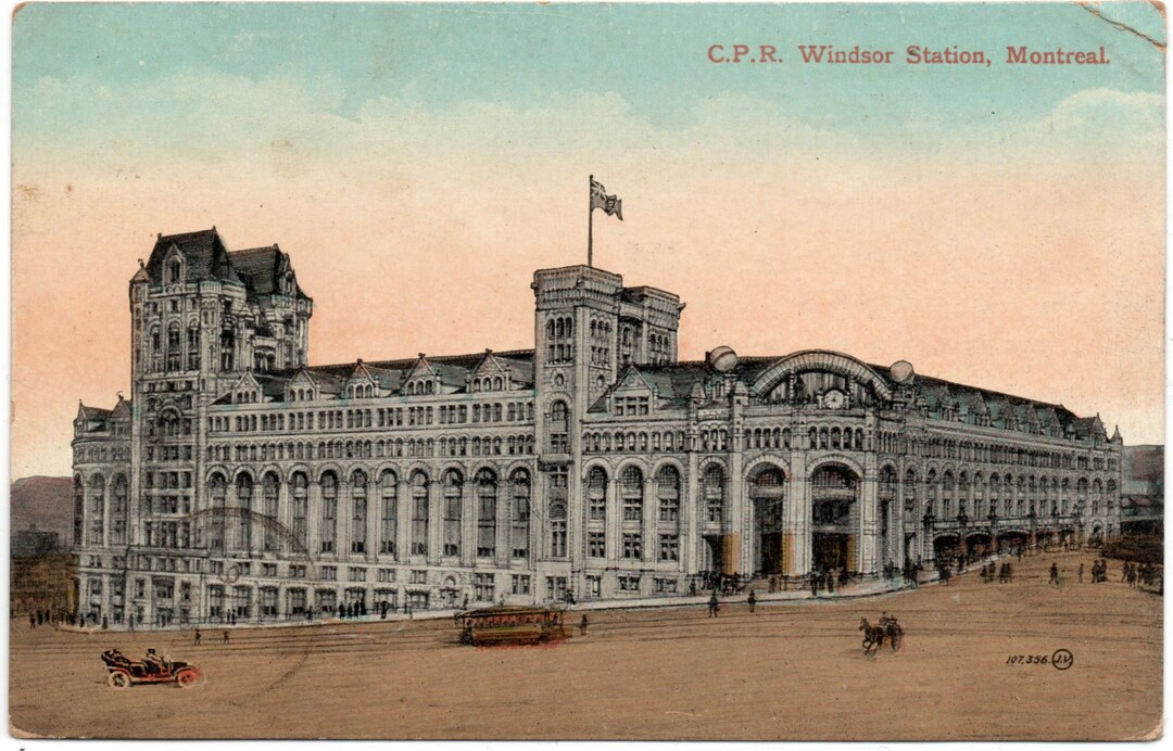 Horses & Carriages and Streetcar CPR WINDSOR STATION Montreal Canada ...