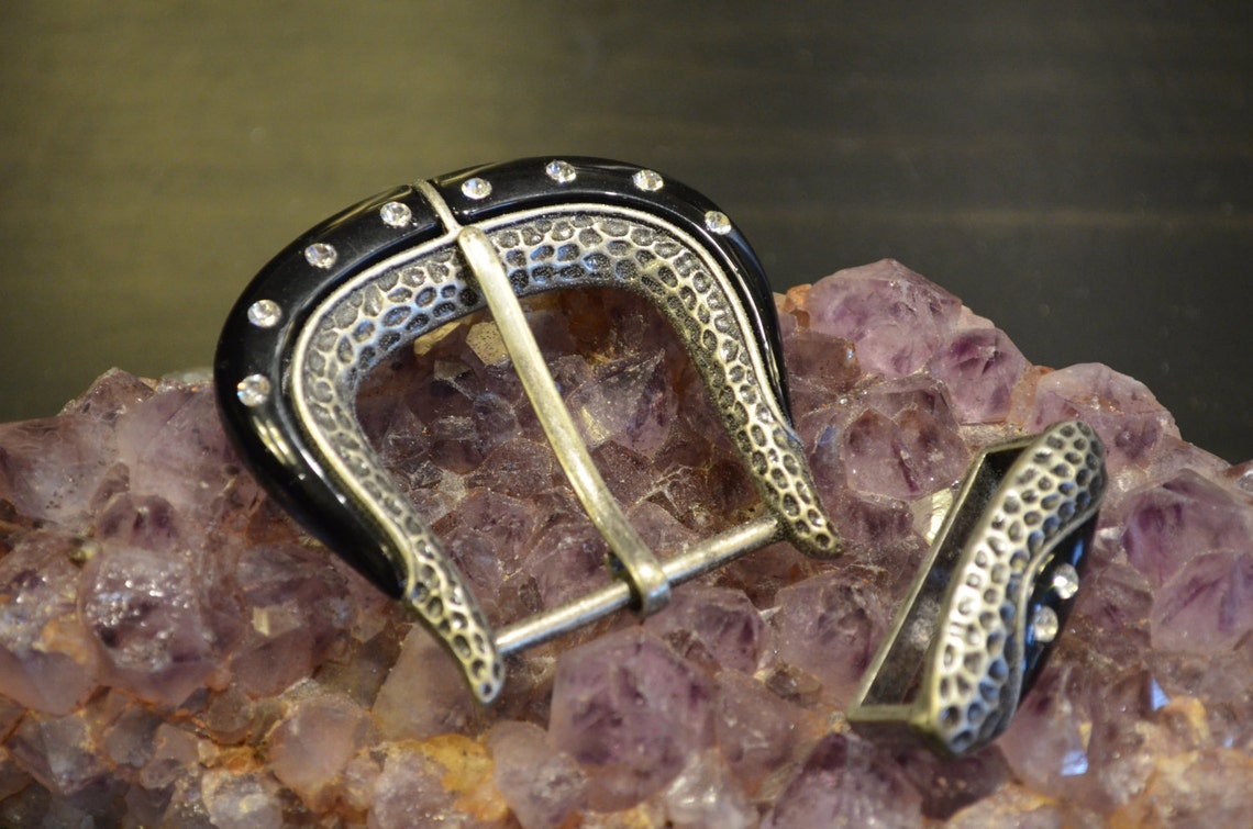 Beautiful Belt Buckle, Black Enamel, Hammered Metal, Silver Tone, Clear ...