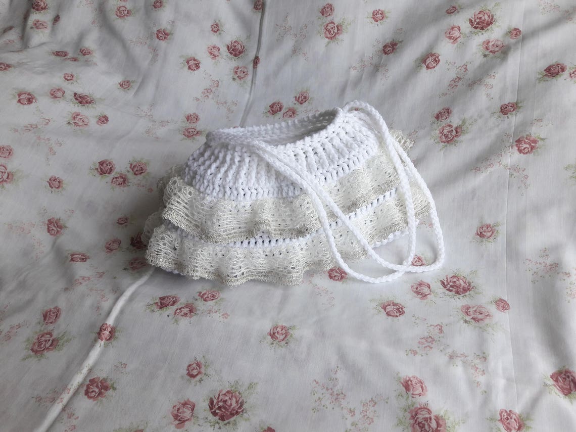 Crochet Ruffled Bottom Bag, White Ruffled Bag, Evening Bag, Crochet ...