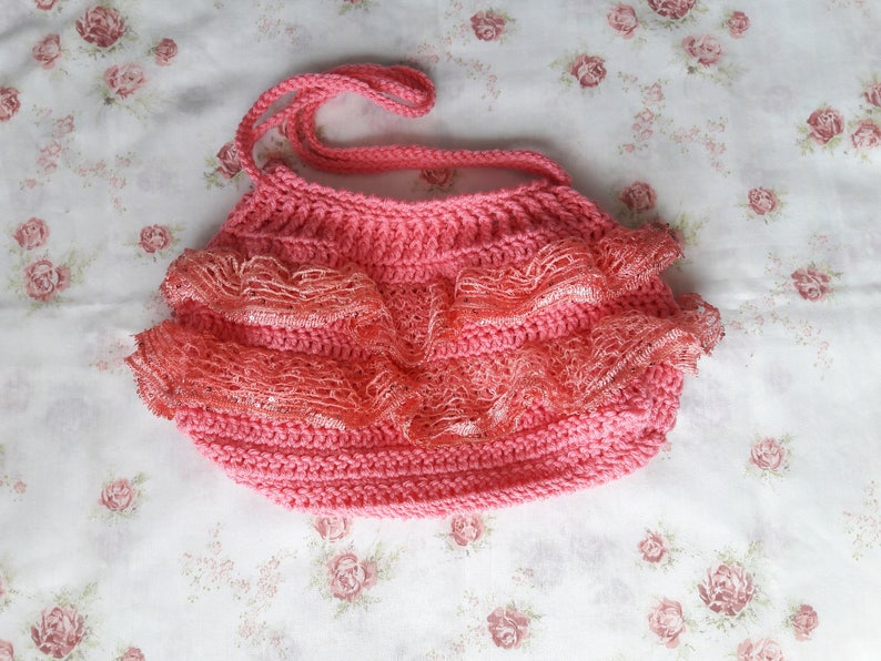 Crochet Ruffled Bottom Bag, Crochet Coral Pink Ruffled Bag, Evening Bag ...