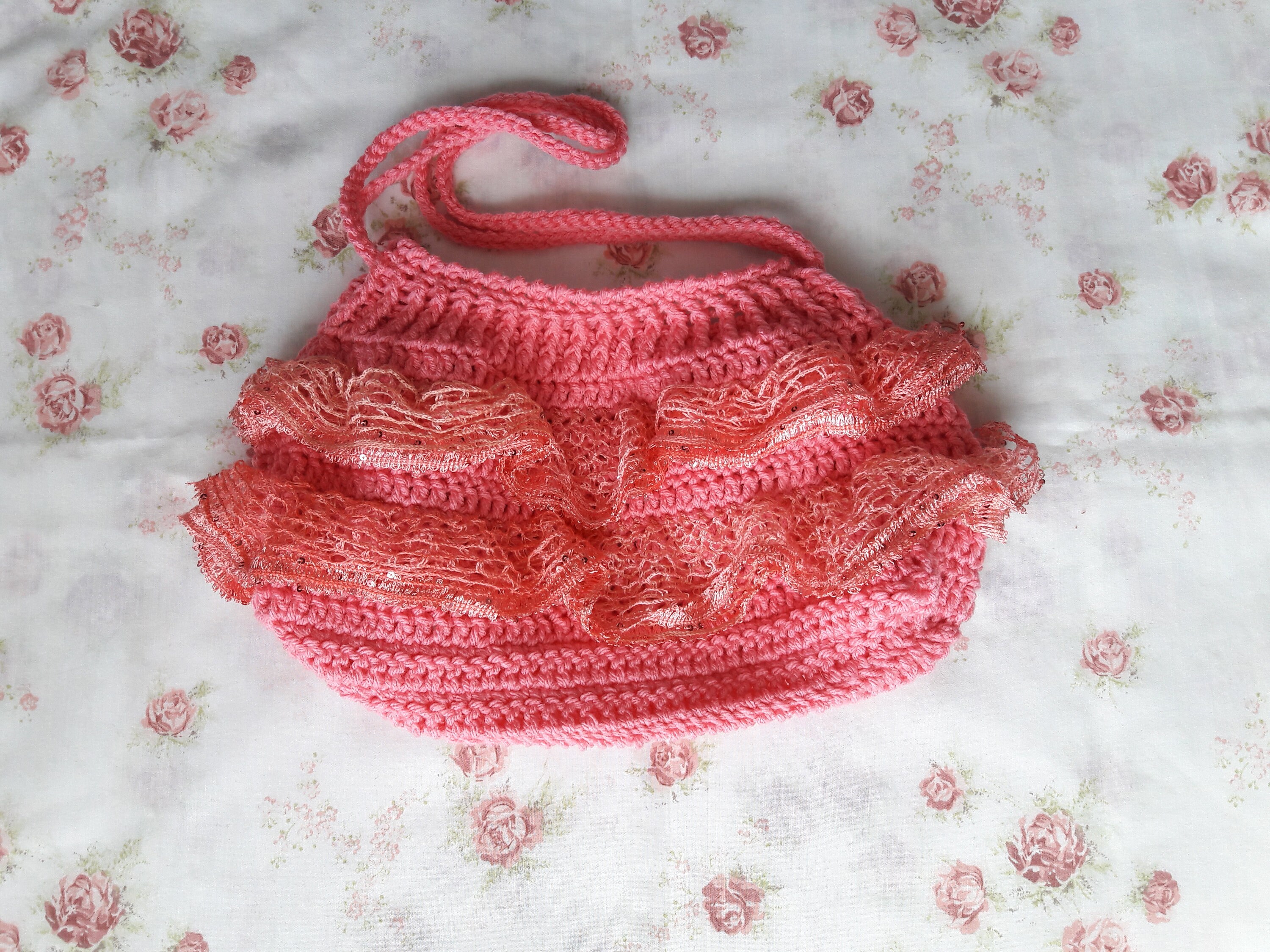 Crochet Ruffled Bottom Bag, Crochet Coral Pink Ruffled Bag, Evening Bag ...