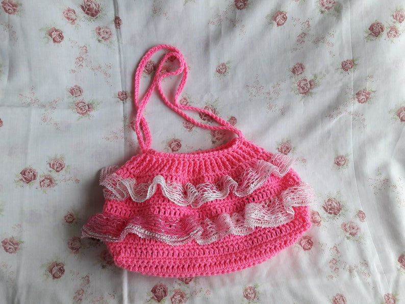 Crochet Ruffled Bottom Bag, Crochet Pink Ruffled Bag, Evening Bag ...