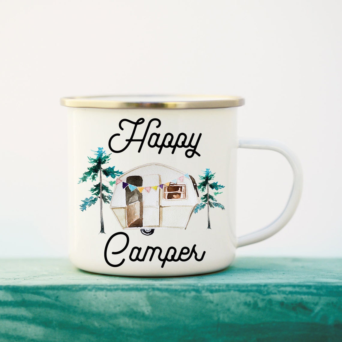 Happy Camper Mug Enamel Camp Mug Camping Mug White Camp | Etsy