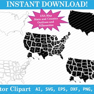 USA Map and States Svg Bundle Vector Clipart Art Png Jpg Silhouette ...