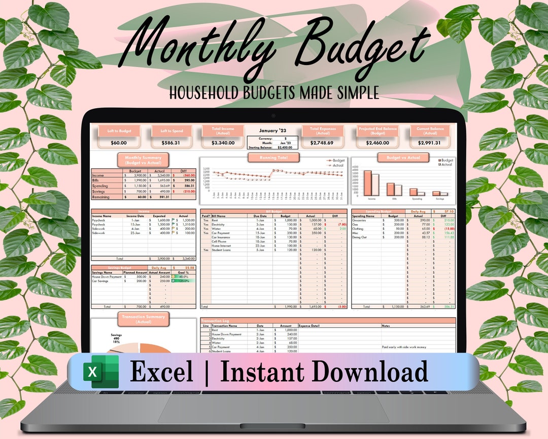 Excel Monthly Budget Spreadsheet, Budget Template Tracker and Budget ...