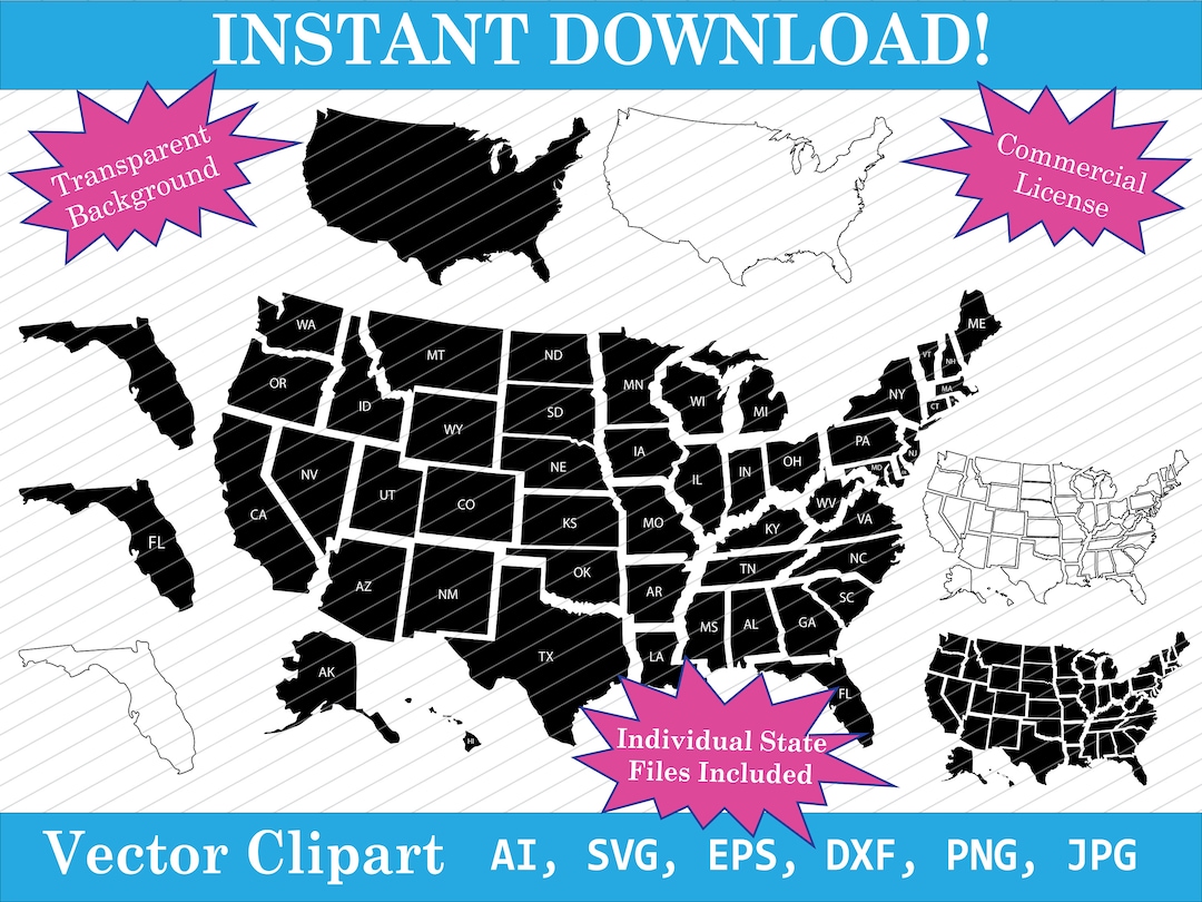 USA Map and States Svg Bundle Vector Clipart Art Png Jpg Silhouette ...