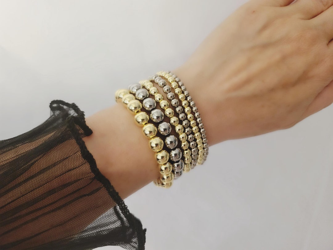 Silver-gold Stainless Steel Beaded Bracelet, Waterproof,christmas Gift ...