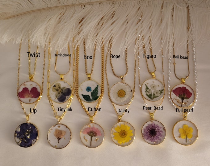 Custom Gold Real Dried Birth Month Flower Necklace, Round Handmade ...