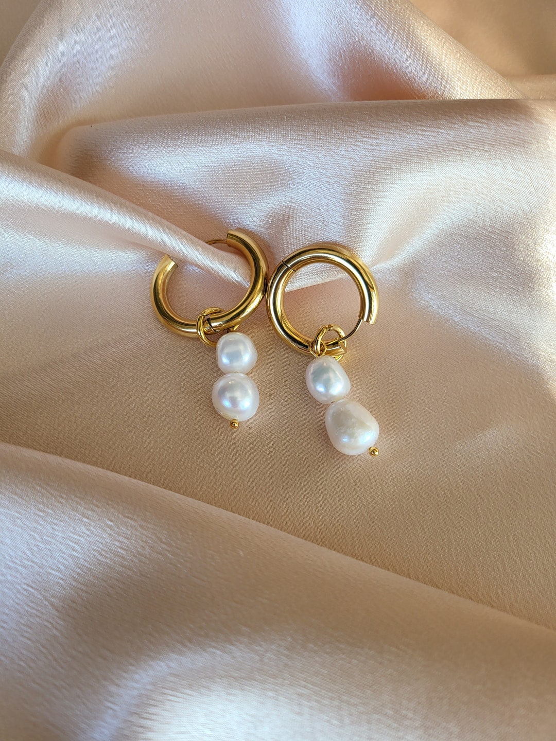Gold Pearl Hoop Earrings , Waterproof , High Quality. - Etsy