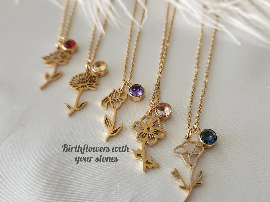 Gold Birth Flower and Stone Necklace, Crystal Birth Month Charm ...
