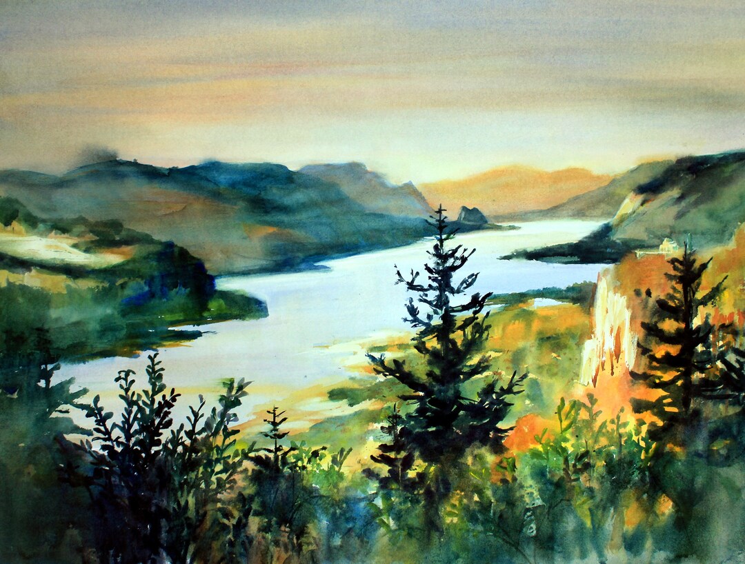Columbia River Gorge Watercolor Print: Vista House & Beacon Rock - Etsy