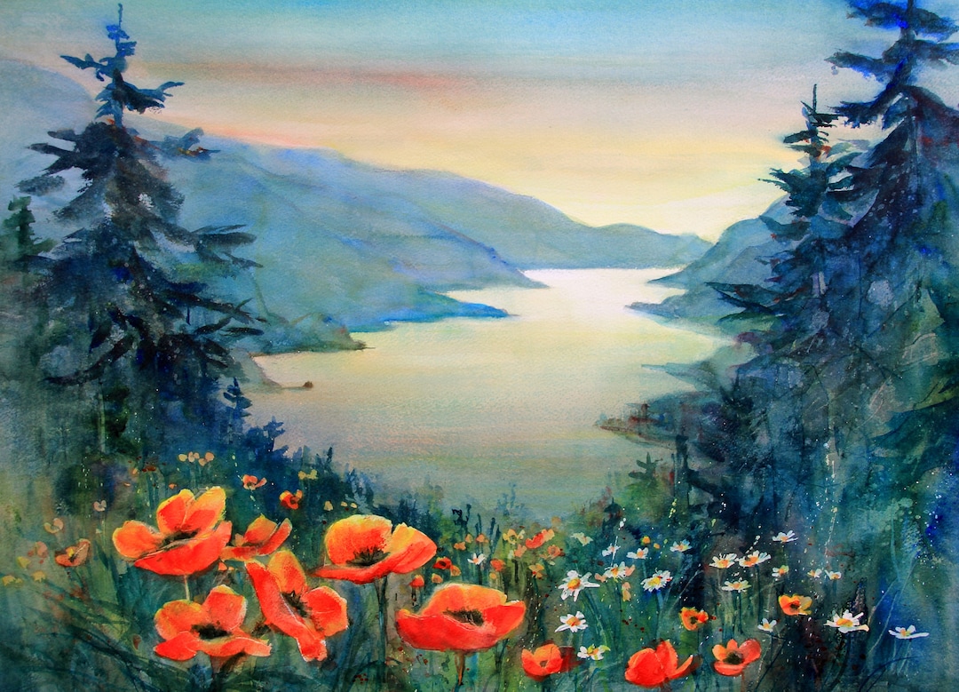 Columbia Gorge Watercolor Art Print: Poppies & Forest Landscape - Etsy