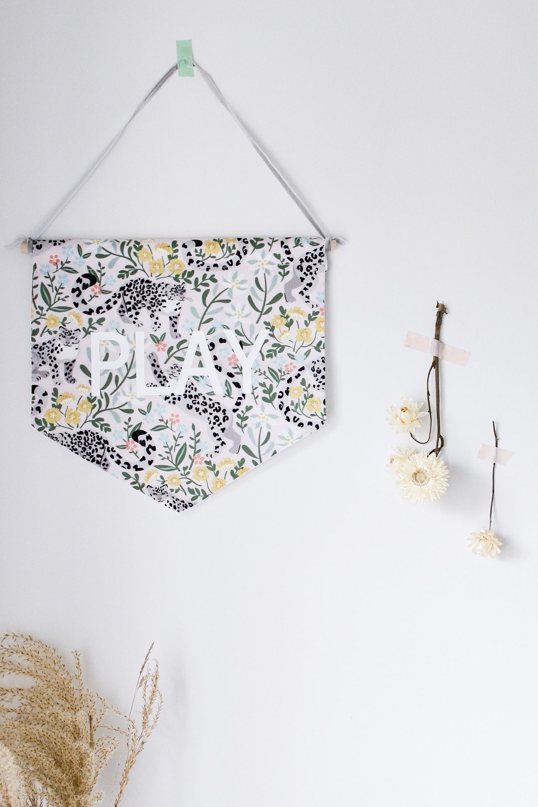 Pink Floral Snow Leopard Wall Banner, Personalised Wall Art Banner ...