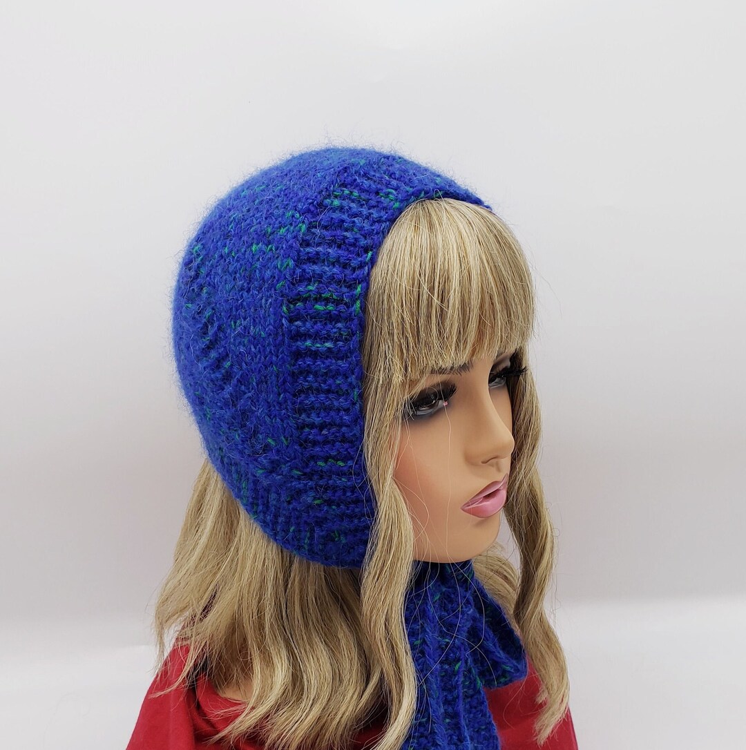 Hand Knit Retro Wool Hat. Blue Green Woman Bonnet. Vintage 1950s ...