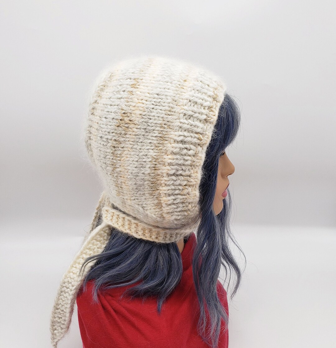 Hand Knit Retro Wool Hat. Woman Bonnet. Vintage 1950s. Bonnet With Ties ...