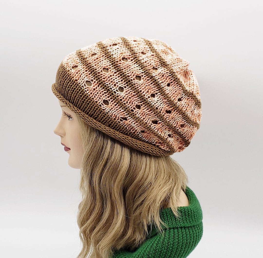 Summer Brown Salmon Hat. Loose Knit Cotton Beanie. Handmade Boho Hat ...