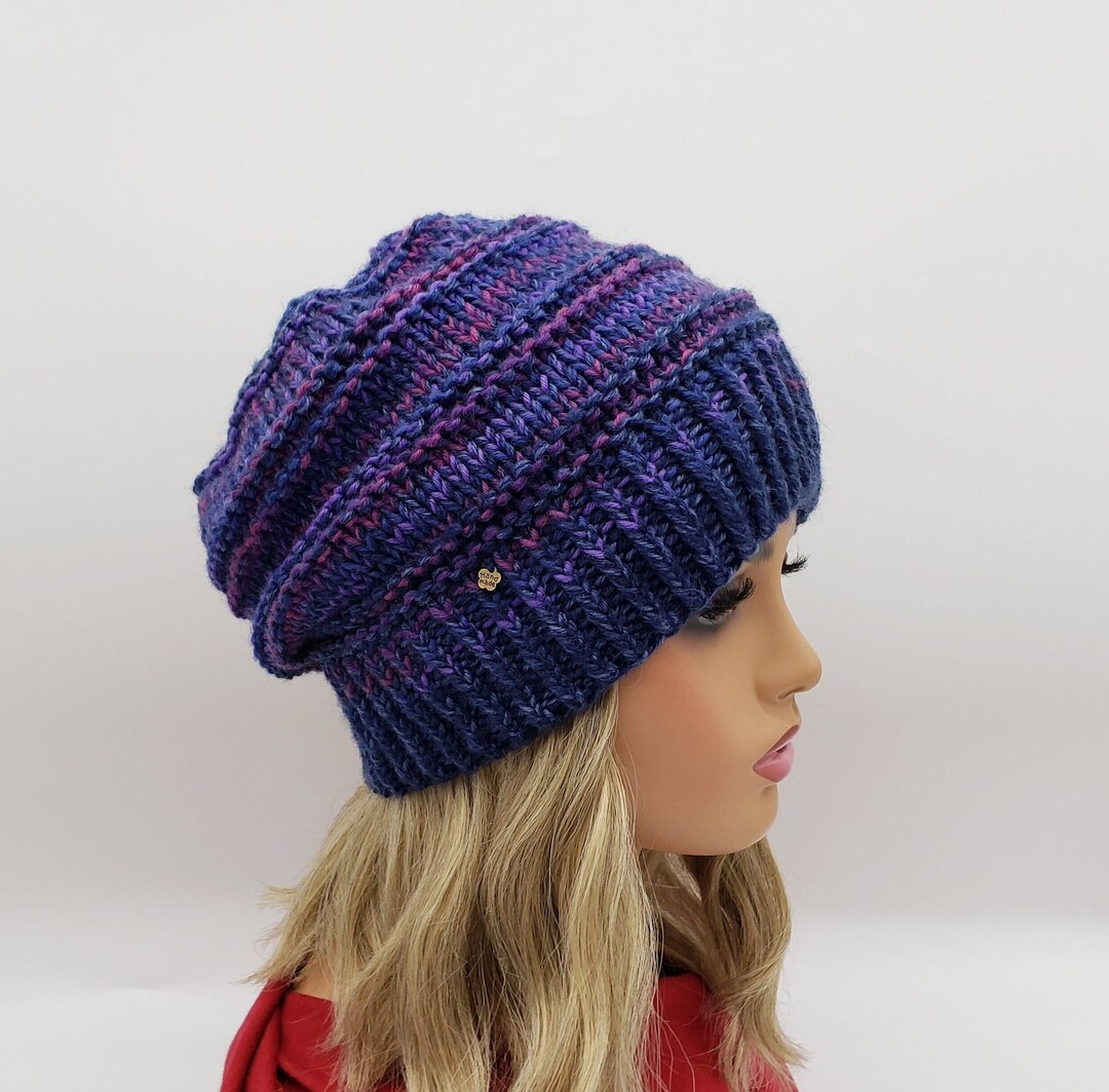Handmade Women Seamless Knit Navy Purple Hat. Wool Winter Hat ...