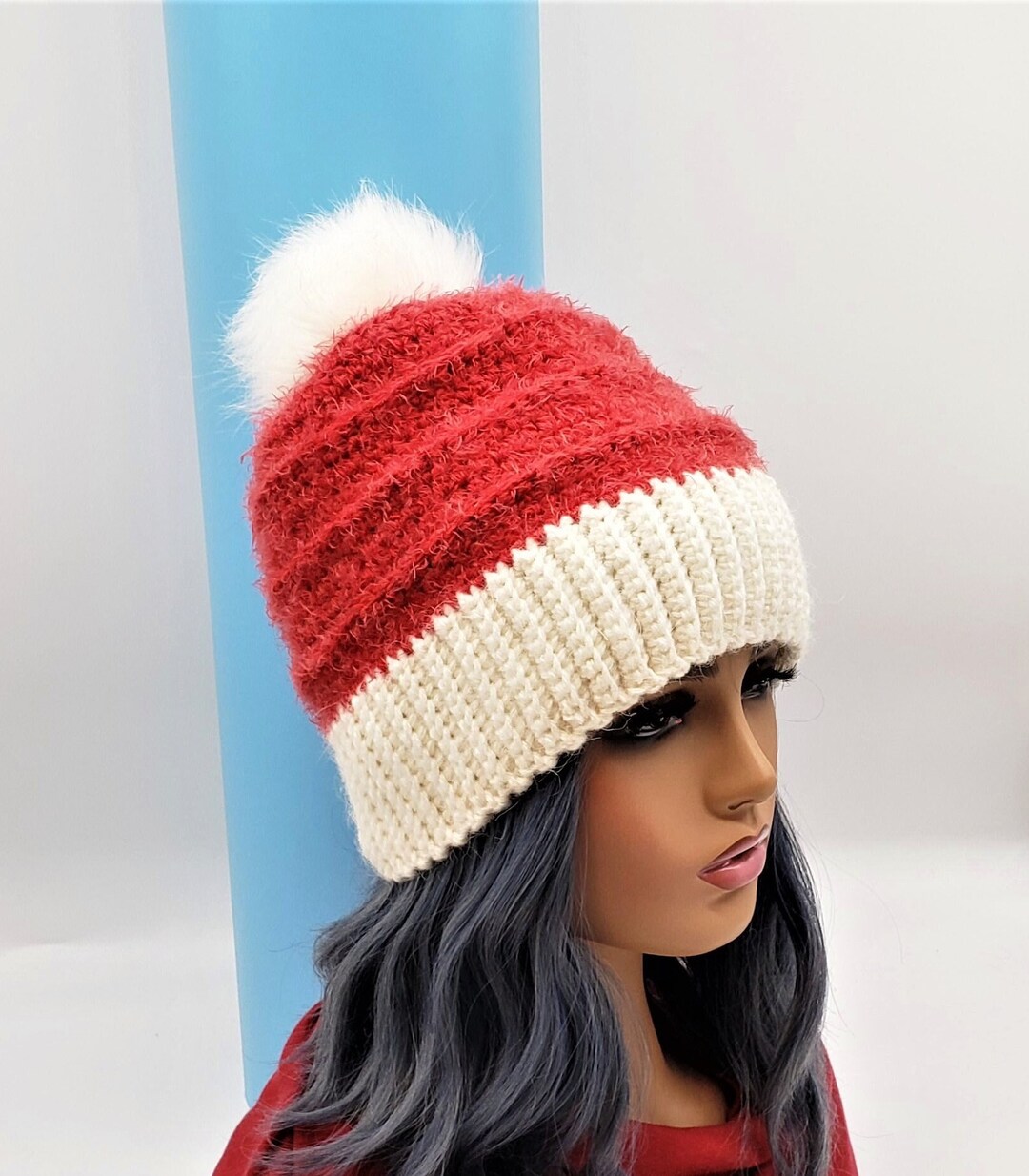 Hand-crocheted Santa Hat, Red, and White. Wool Acrylic Pom Pom Santa ...