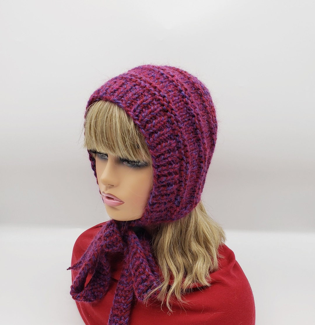 Wool, Mohair Bonnet With Skinny Scarf. Multicolored Hand Knit Wool ...