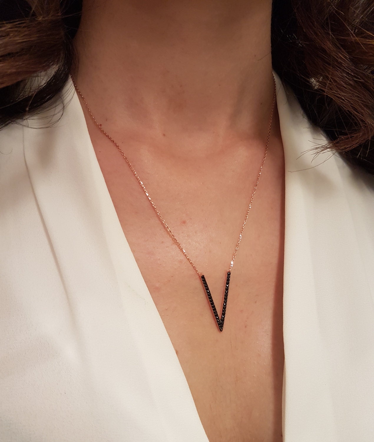Dainty Pave Deep V Necklace, CZ Diamond Chevron Necklace in 14 K Gold ...