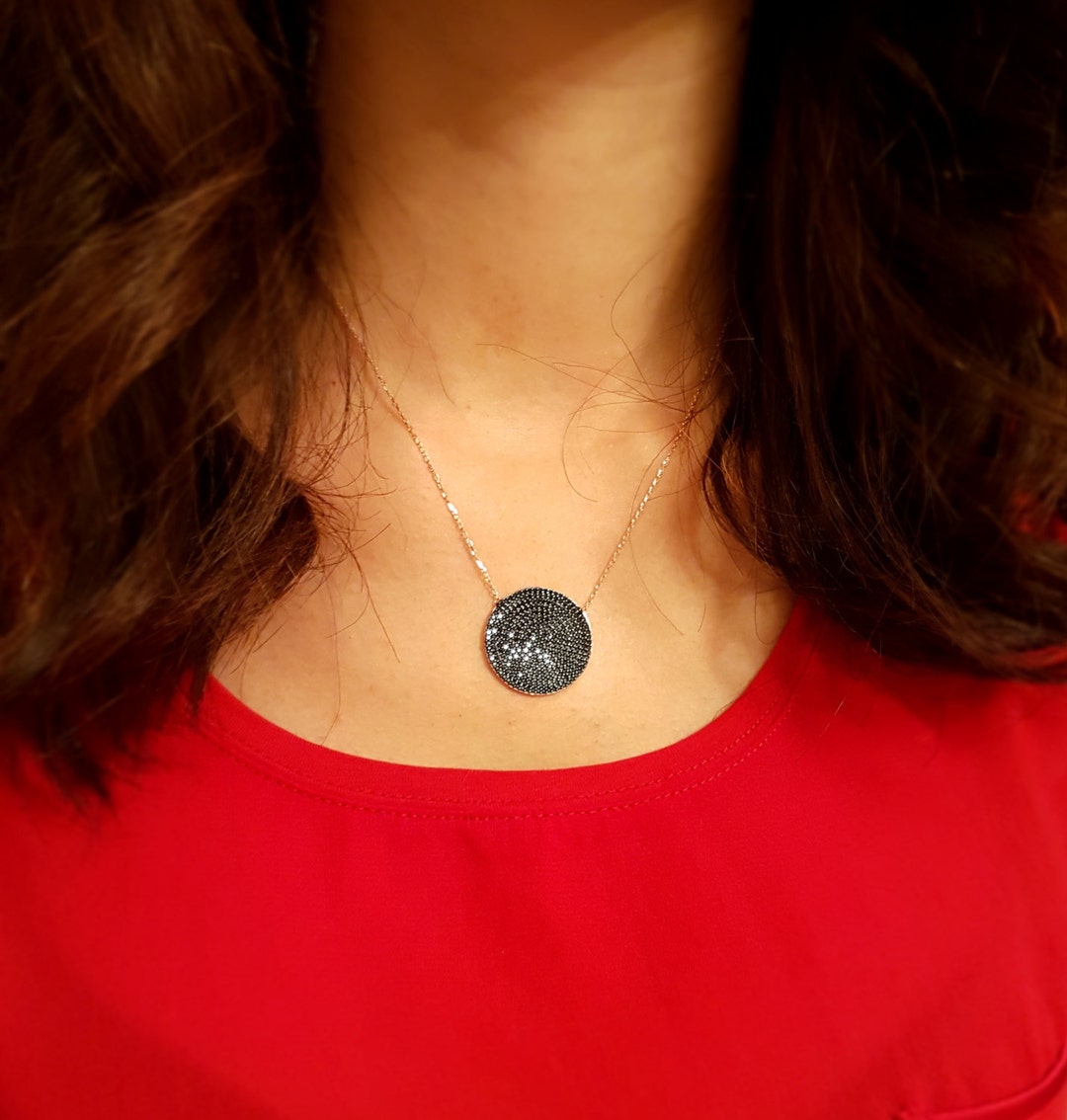 Colorful Diamond Pave Disc Necklace / Mid Size Circle Necklace in 14k ...