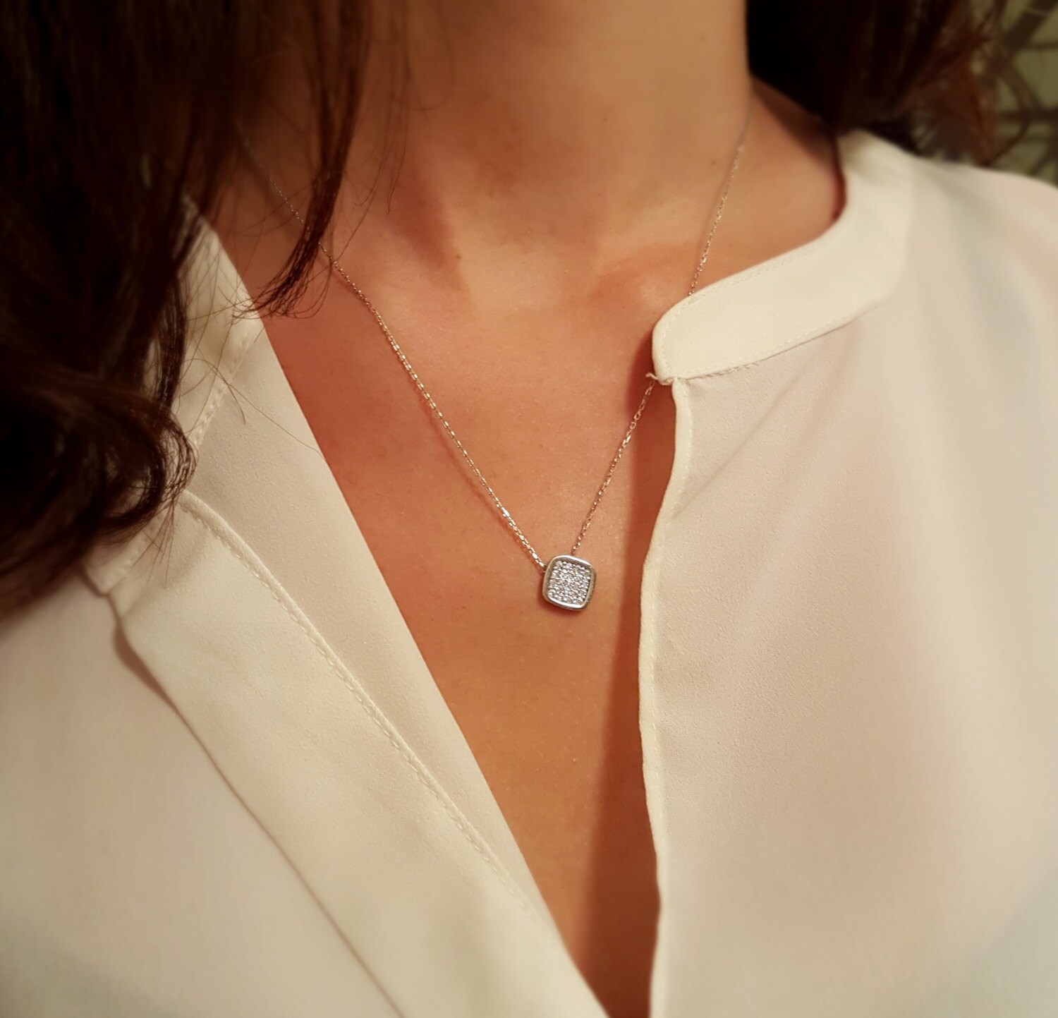 Pave Silver Delicate Necklace, Tiny CZ Diamond Necklace in 14 k Gold ...