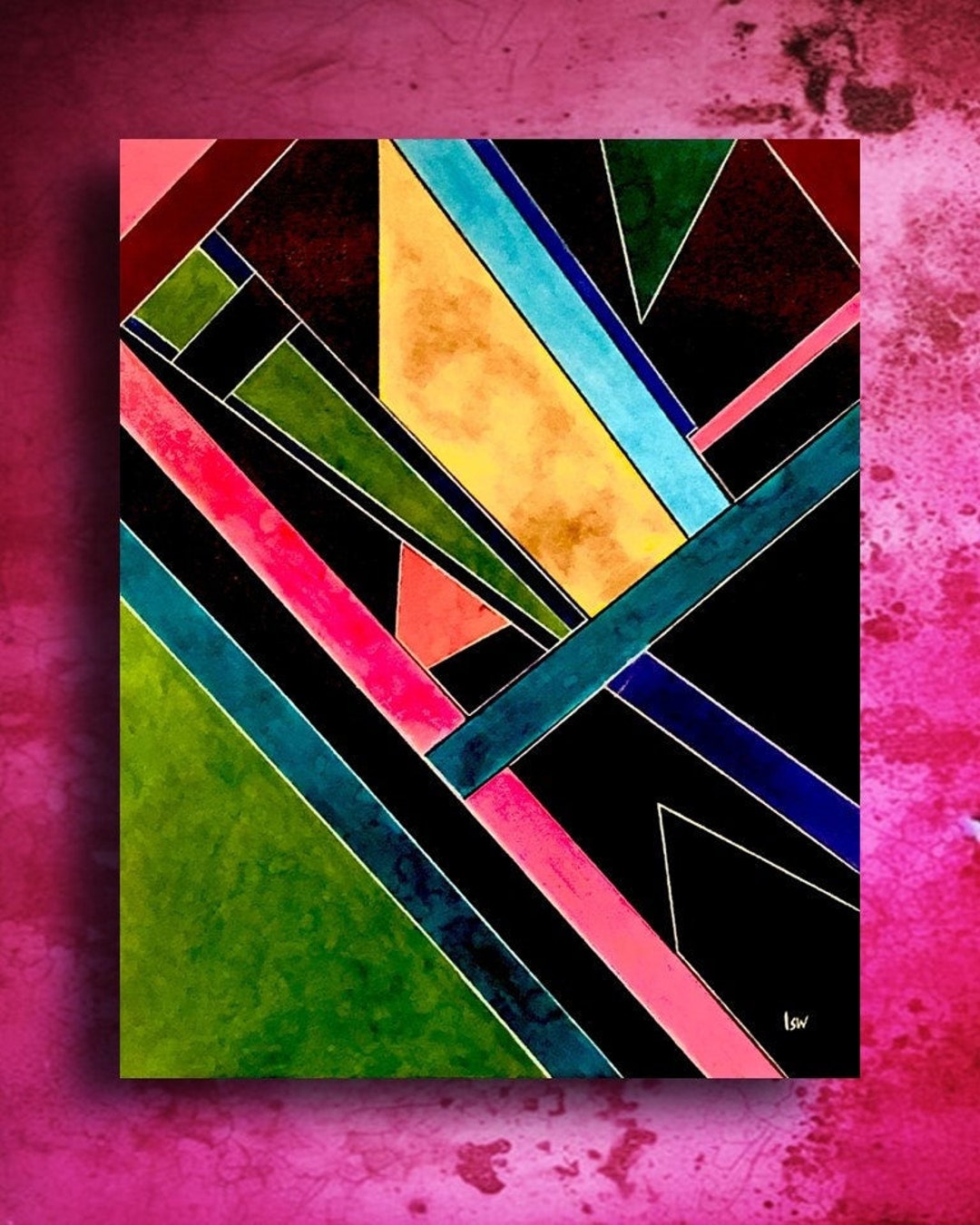 Original Abstract Art Painting Fractured Lines Ink Wash on Canvas ...