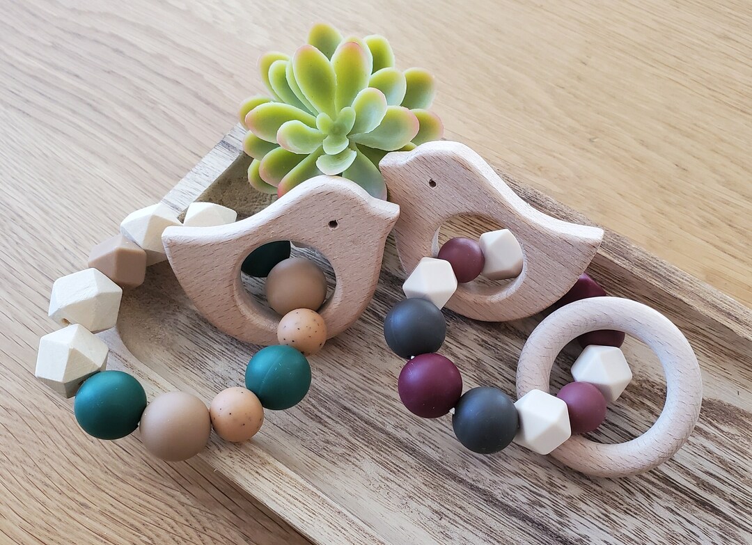 Earthy Silicone/wood Baby Rattles, Bird, Spring, Earth Tones ...