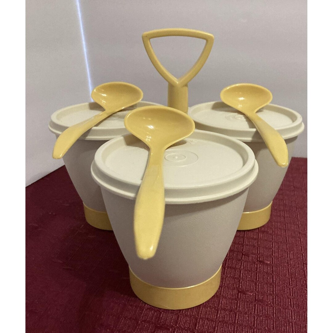 70s Tupperware Condiment Caddy Complete Set Spoons Lids Portable Yellow ...