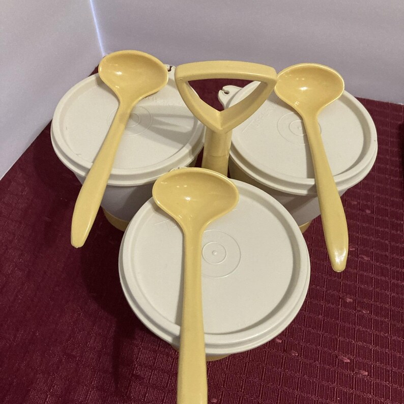 70s Tupperware Condiment Caddy Complete Set Spoons Lids Portable Yellow ...
