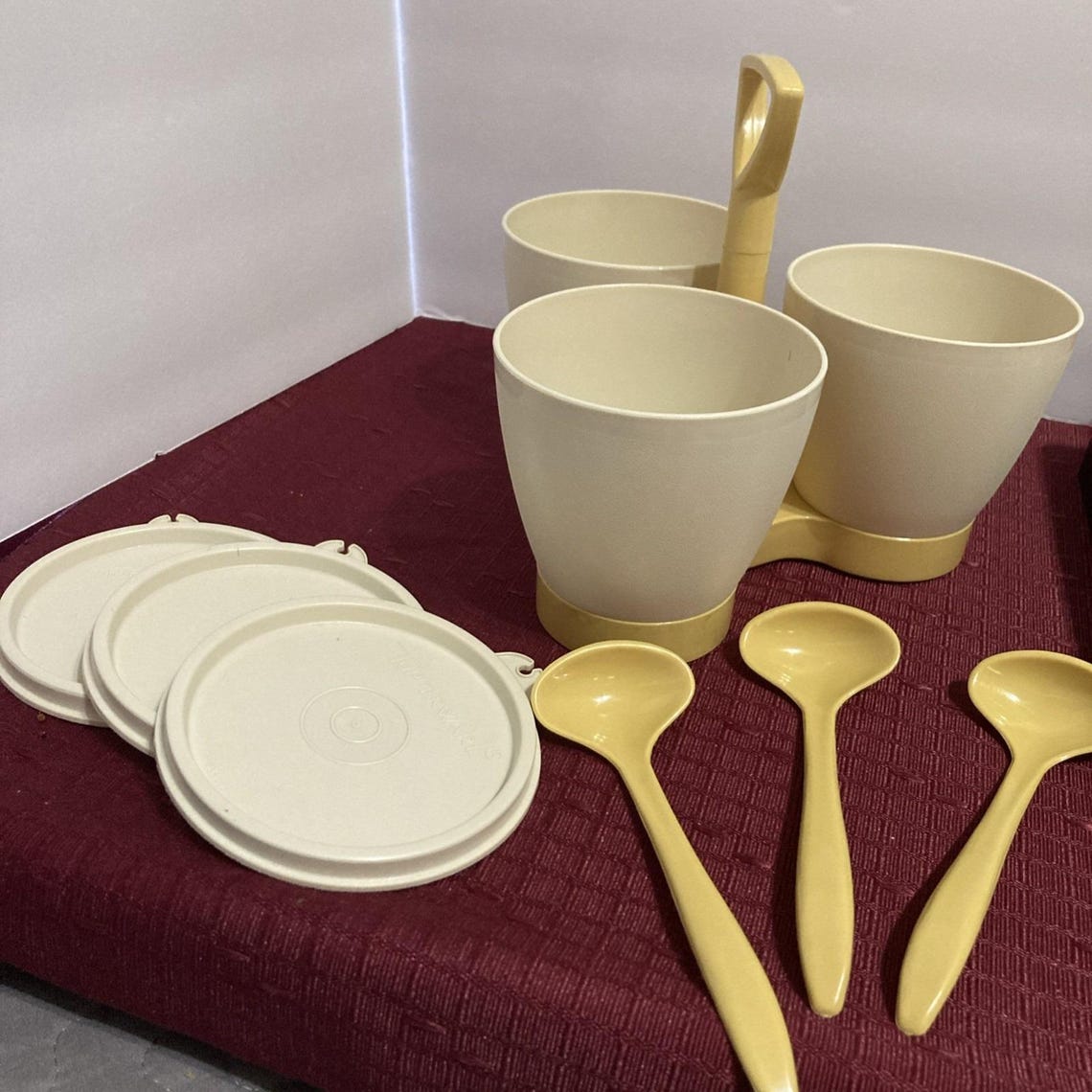 70s Tupperware Condiment Caddy Complete Set Spoons Lids Portable Yellow ...