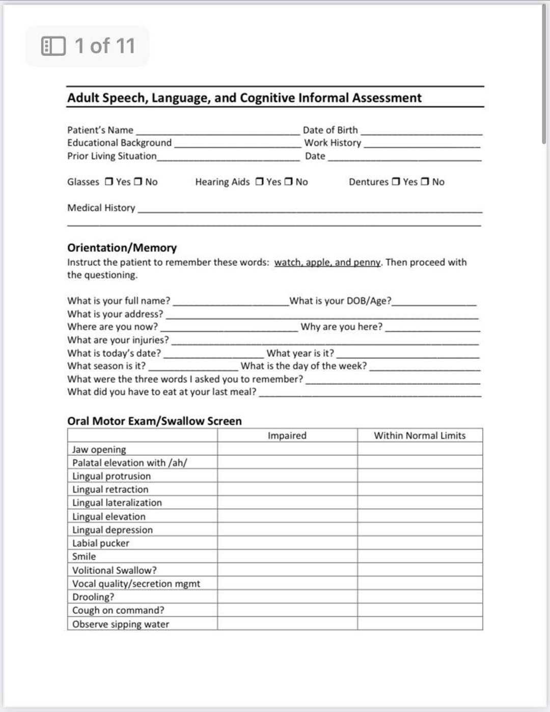 Informal Speech, Language, and Cognitive Evaluation for Adult Medical ...