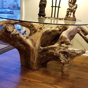 Sculptural Inverse Root Ball Table, Glass and Driftwood, 36 Inches ...