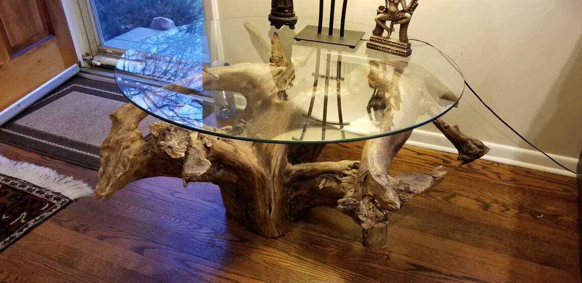 Sculptural Inverse Root Ball Table, Glass and Driftwood, 36 Inches ...