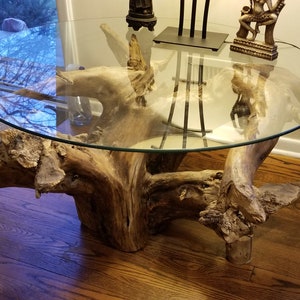 Sculptural Inverse Root Ball Table, Glass and Driftwood, 36 Inches ...
