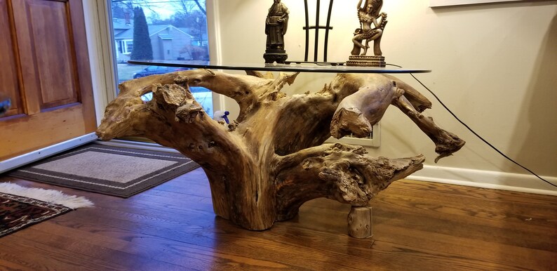 Sculptural Inverse Root Ball Table, Glass and Driftwood, 36 Inches ...