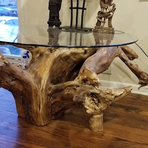 Sculptural Inverse Root Ball Table, Glass and Driftwood, 36 Inches ...