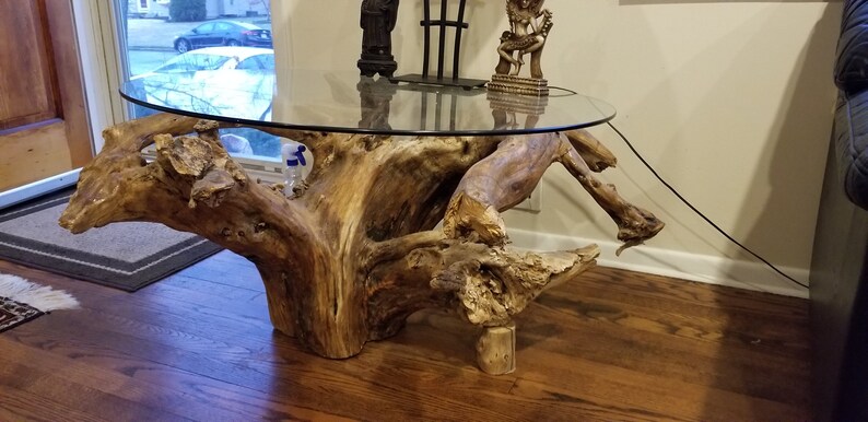 Sculptural Inverse Root Ball Table, Glass and Driftwood, 36 Inches ...