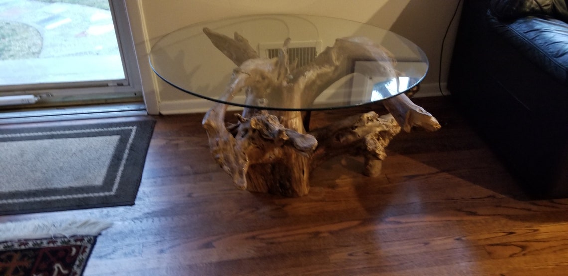 Sculptural Inverse Root Ball Table, Glass and Driftwood, 36 Inches ...