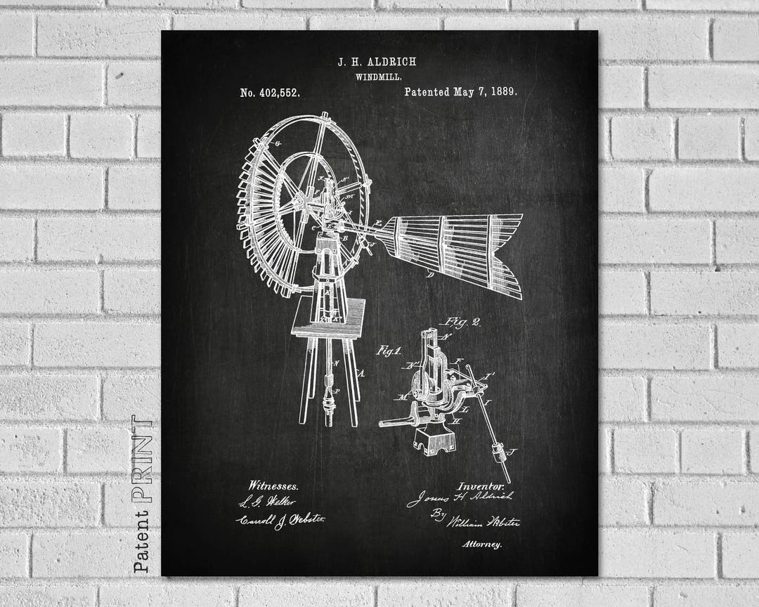 Windmill Patent Print – Rustic Farm Wind Power Blueprint | CA552 - Etsy